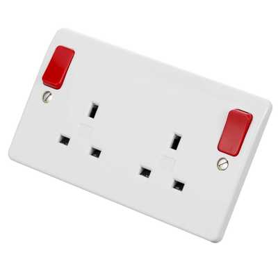 MK Logic Plus 13A DP 2 Gang Switched Socket with Red Outboard Rockers ...