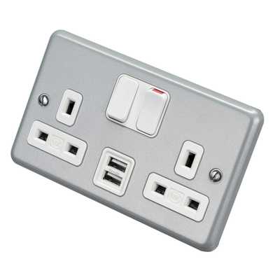 MK Metalclad Plus 13A DP 2 Gang Socket with Twin USB Outlets Metal Clad ...