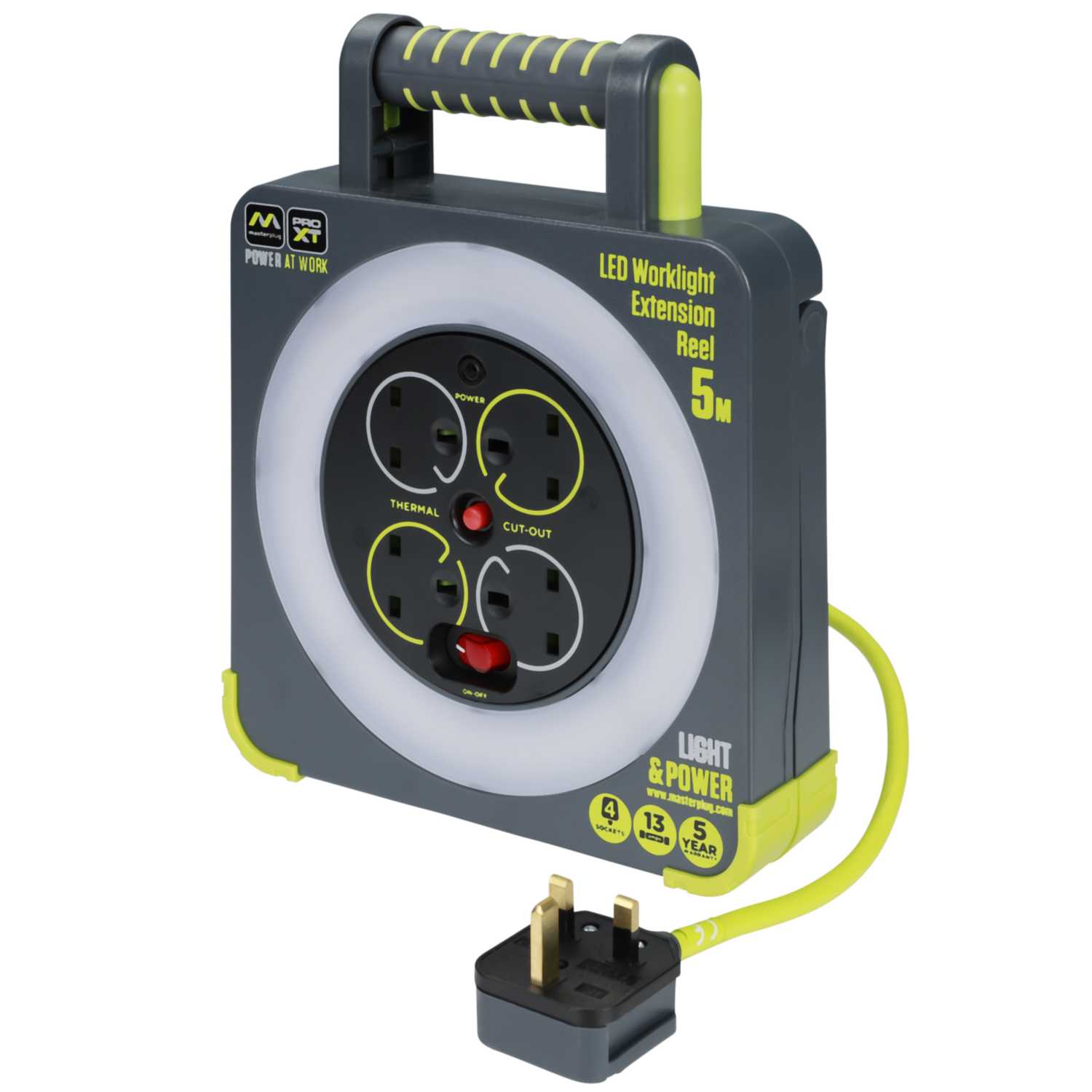 Masterplug PRO XT 13A 5m 230V 5W LED Worklight Extension Reel ...