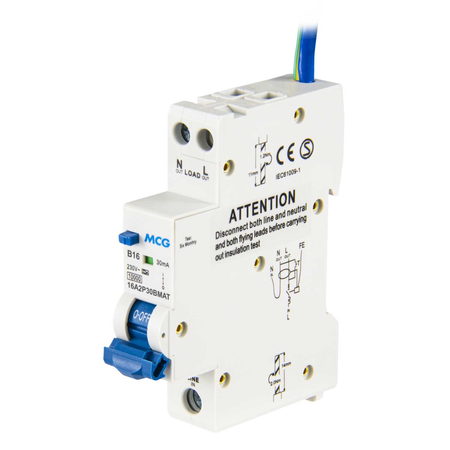 MCG 16A Single Pole and Neutral 1 Module B Curve 10kA 30mA Type A Mini RCBO (16A2P30BMAT) | CEF