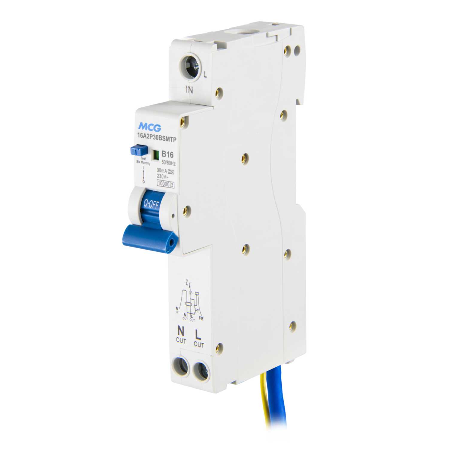 MCG 16A Single Pole and Neutral 1 Module B Curve 10kA 30mA Type A RCBO (16A2P30BSMTP) | CEF