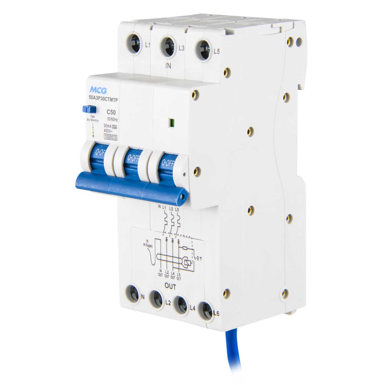 MCG 50A 3 Pole 3 Module C Curve 10kA 30mA Type A RCBO (50A3P30CTPTP) | CEF