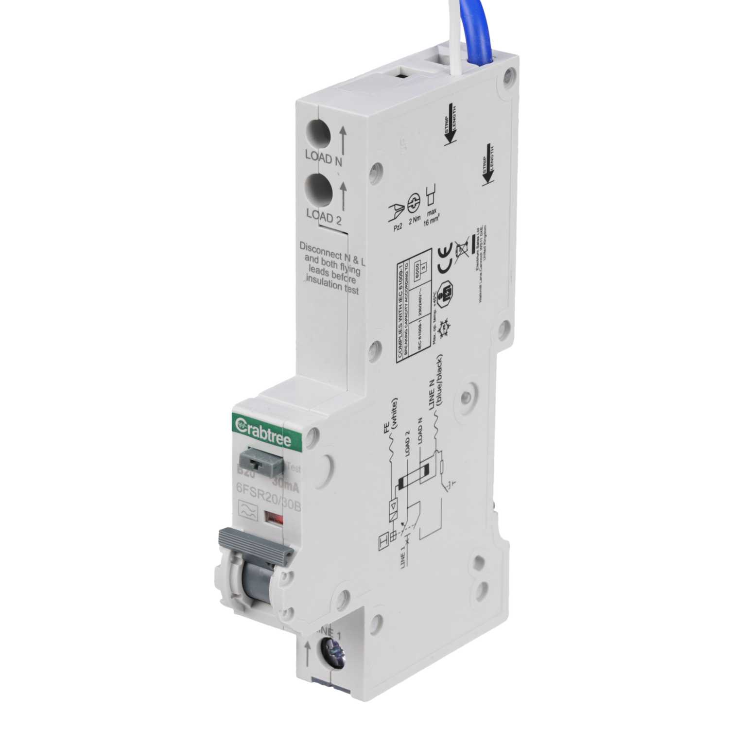 Crabtree Loadstar 20A Single Pole 1 Module B Curve 6kA 30mA Type A RCBO (6FSR20/30B) | CEF