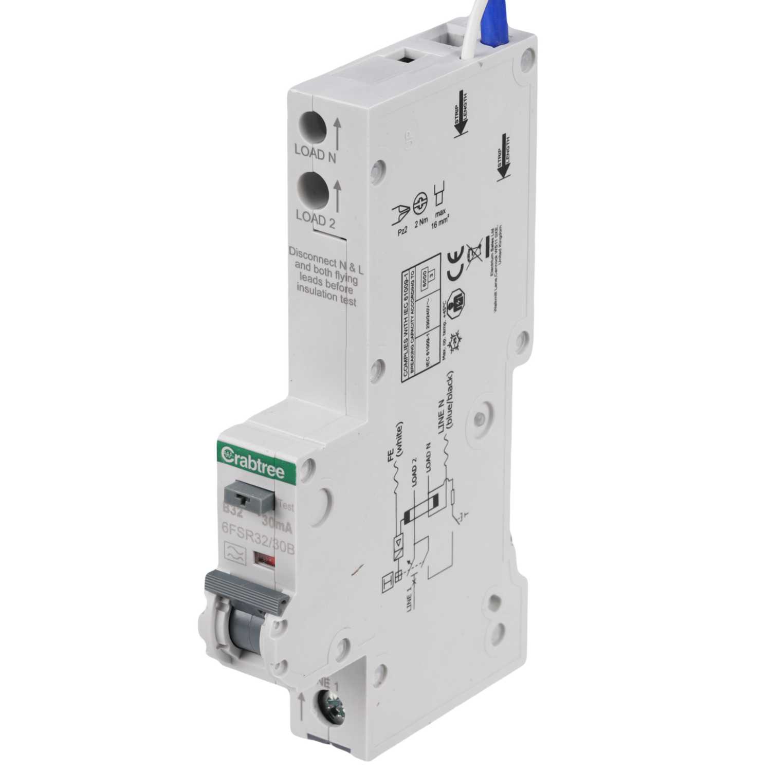 Crabtree Loadstar 32A Single Pole 1 Module B Curve 6kA 30mA Type A RCBO (6FSR32/30B) | CEF