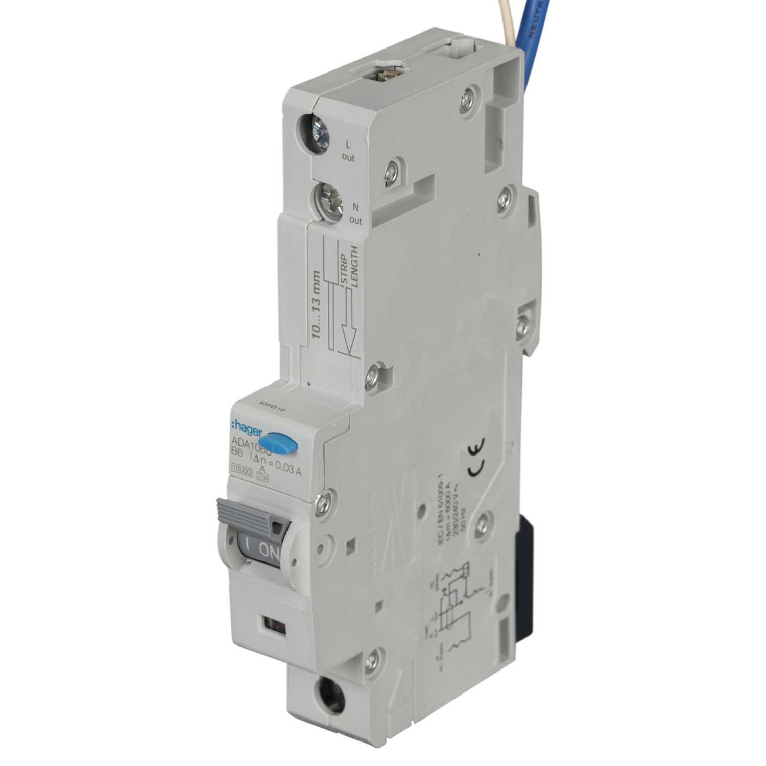 Hager 6A Single Pole 1 Module B Curve 10kA 30mA Type A RCBO (ADA106U) | CEF