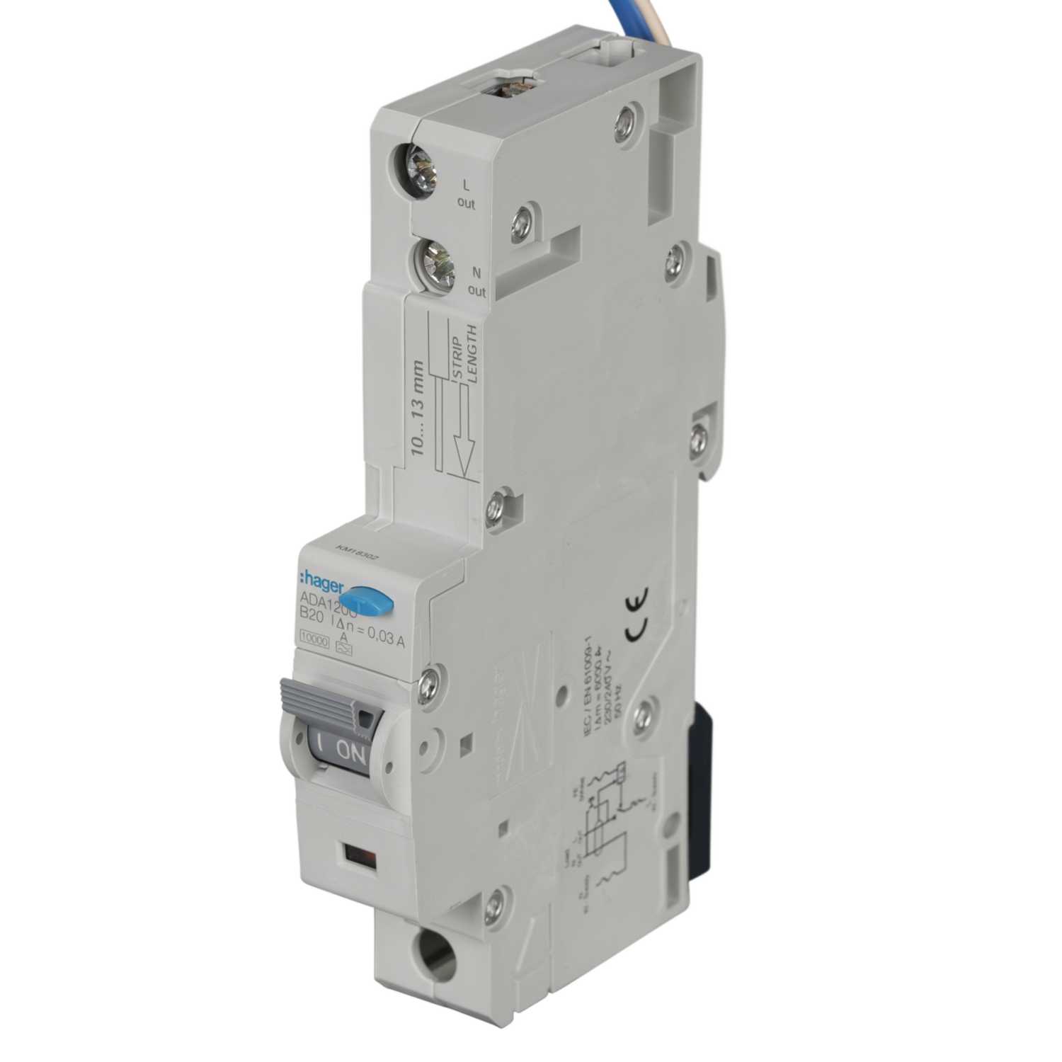 Hager 25A Single Pole 1 Module B Curve 10kA 30mA Type A RCBO (ADA125U) | CEF