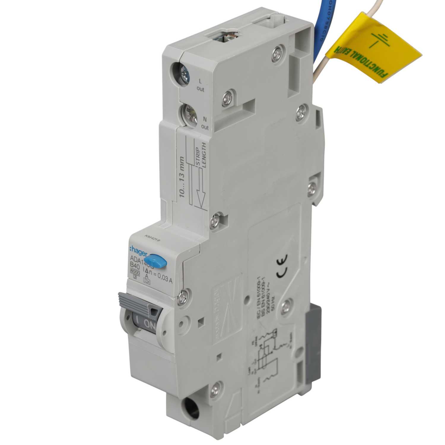 Hager 40A Single Pole and Neutral 1 Module B Curve 6kA 30mA Type A RCBO (ADA140G) | CEF
