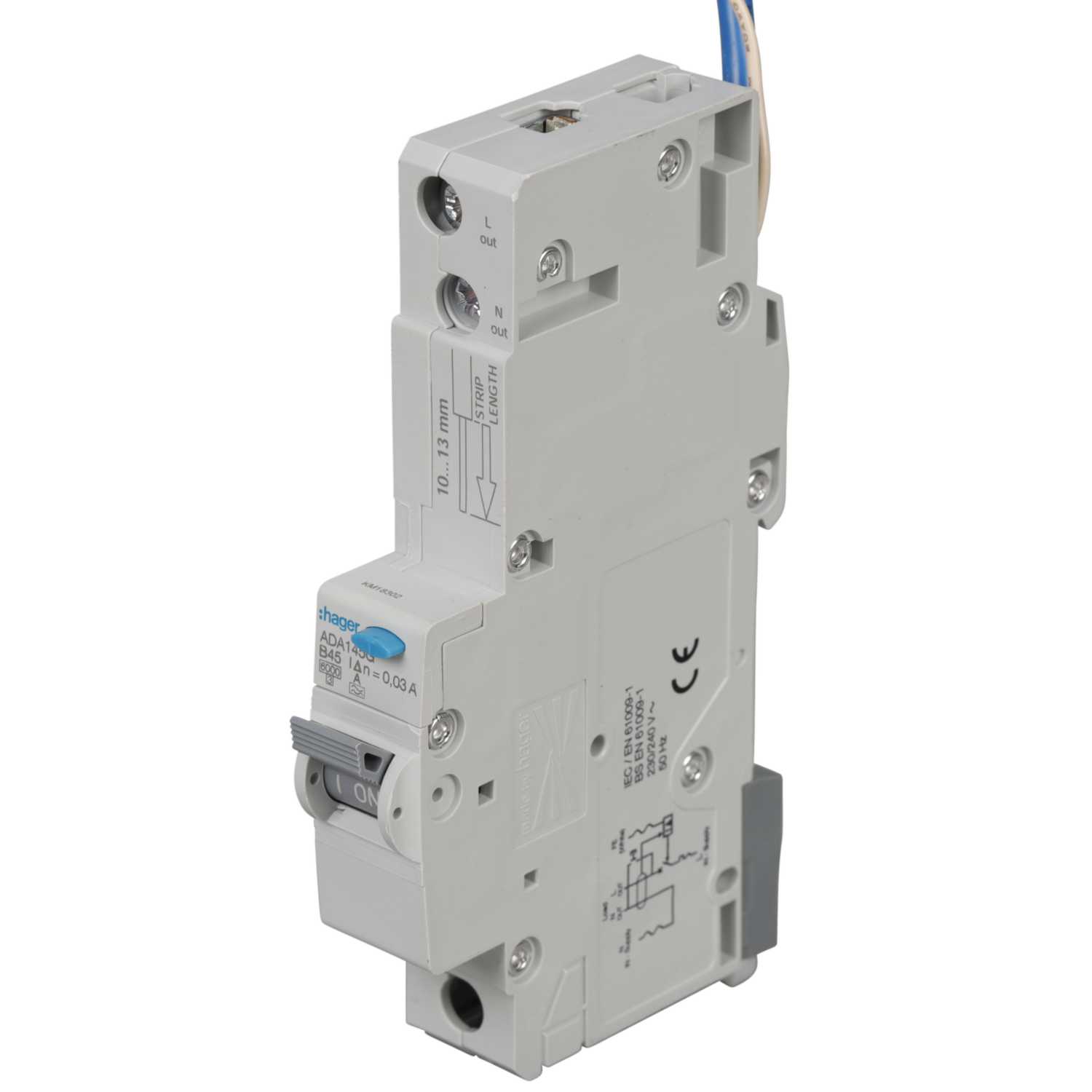 Hager 45A Single Pole and Neutral 1 Module B Curve 6kA 30mA Type A RCBO (ADA145G) | CEF