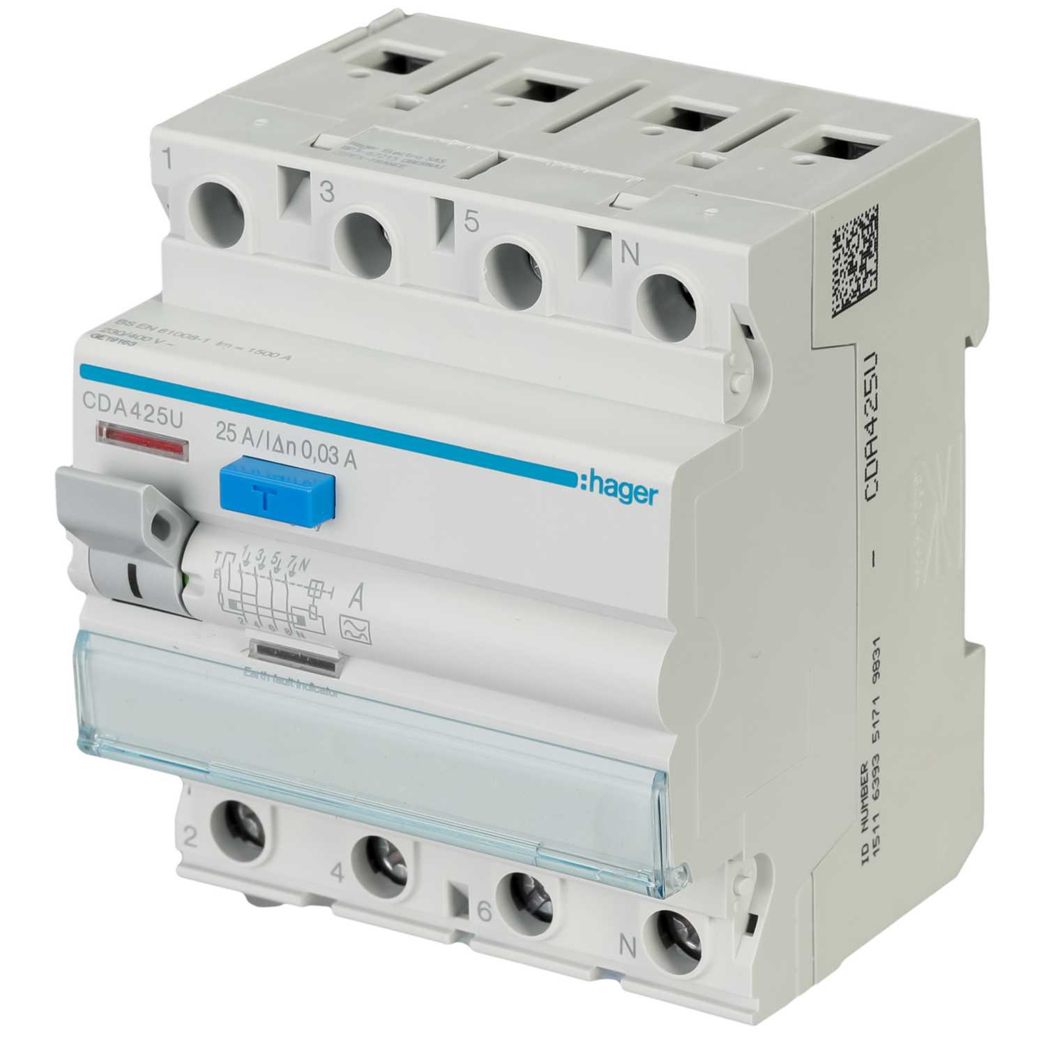 Hager 25A 4 Pole 30mA Type A RCD (CDA425U) | CEF