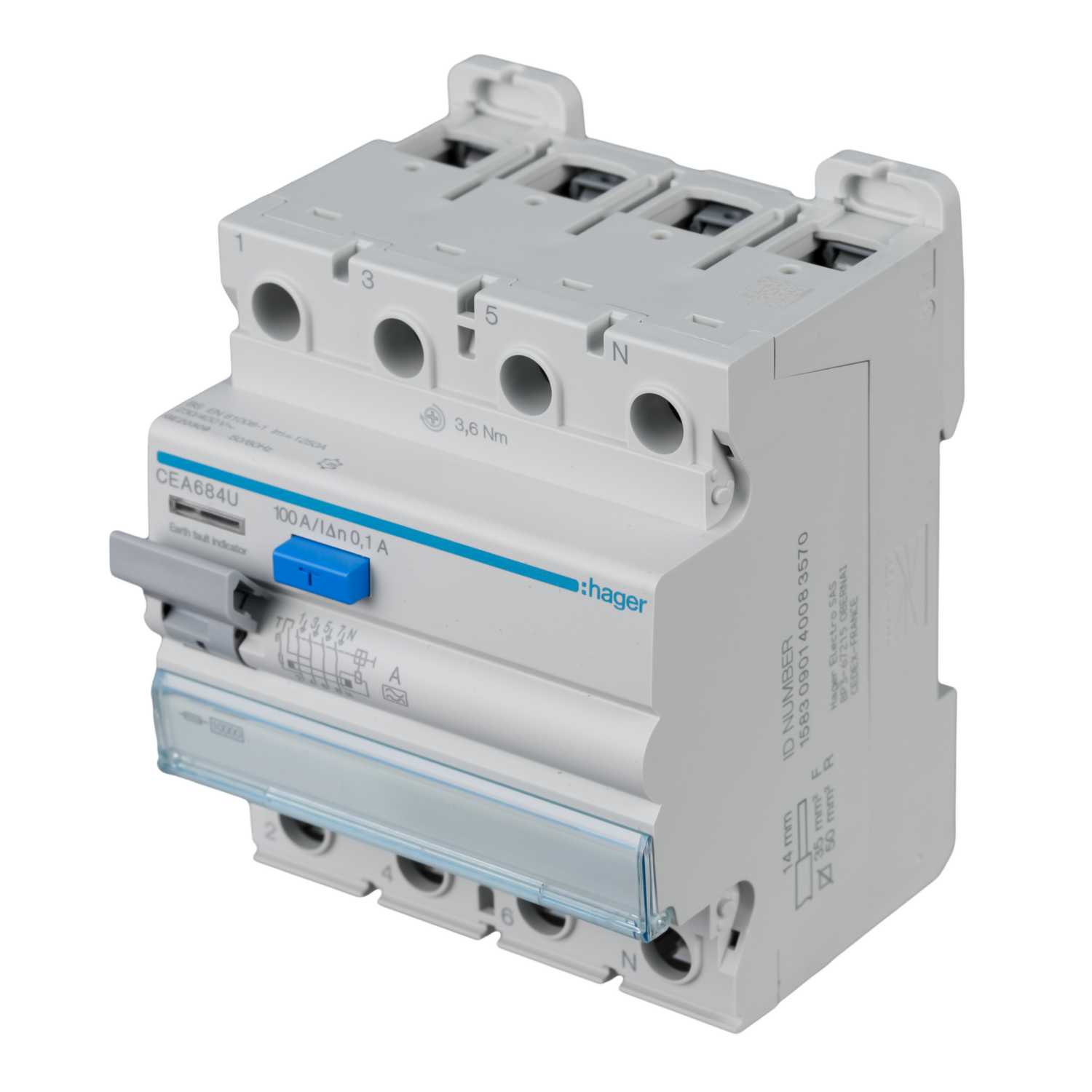 Hager 100A 4 Pole 100mA Type A RCD (CEA684U) | CEF