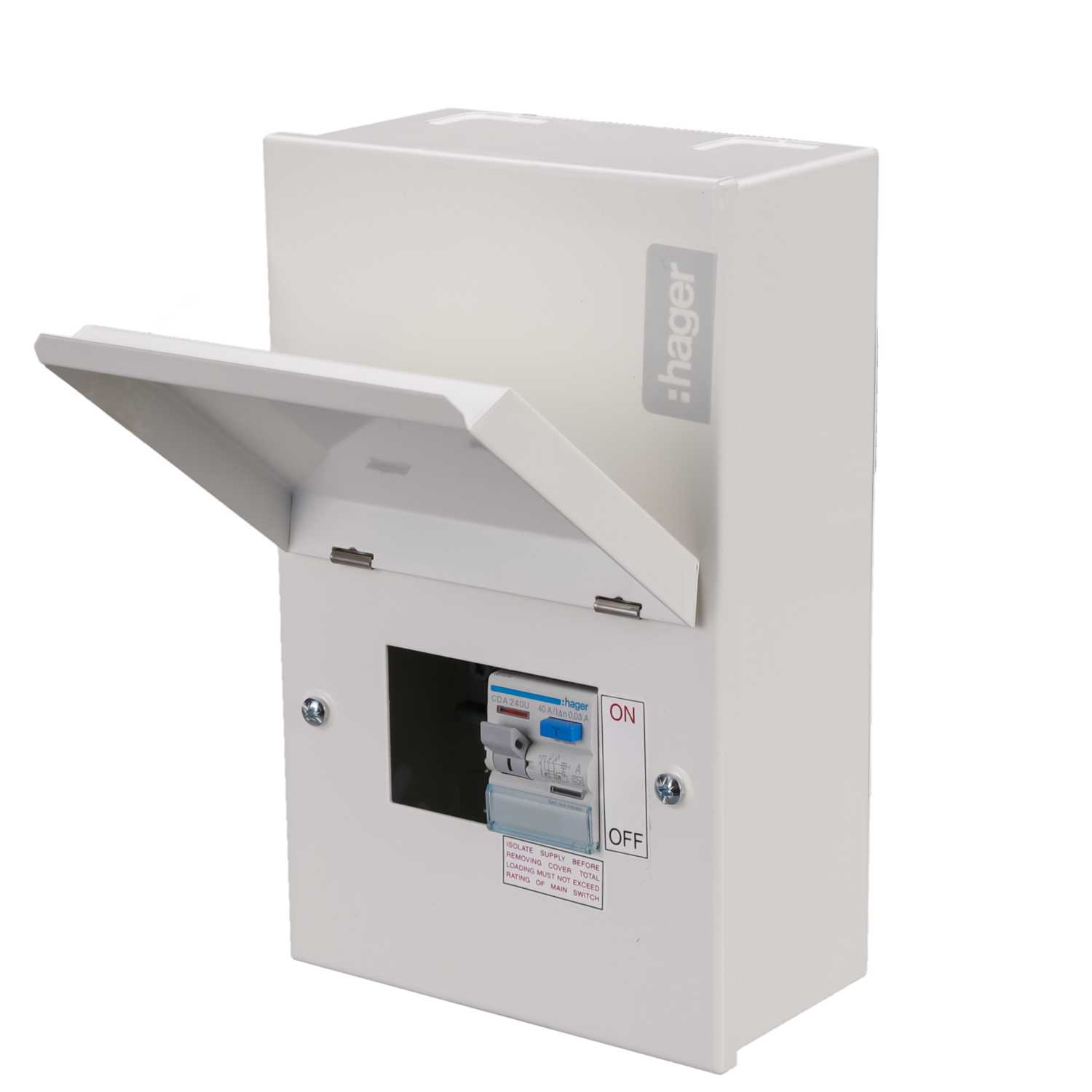 Hager 2 Way 40A 30mA Type A RCD Incomer Metal Clad Consumer Unit ...