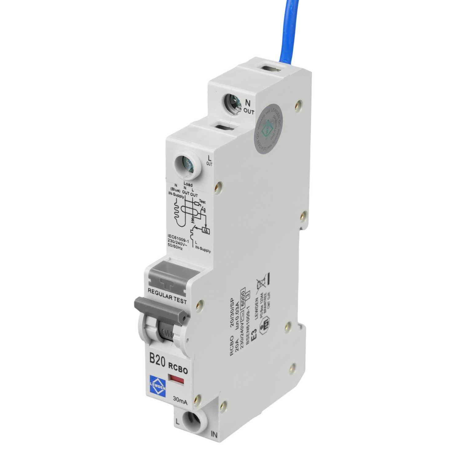 Lewden 20A Single Pole 1 Module B Curve 6kA 30mA Type AC RCBO (RCBO-20/30/SP) | CEF