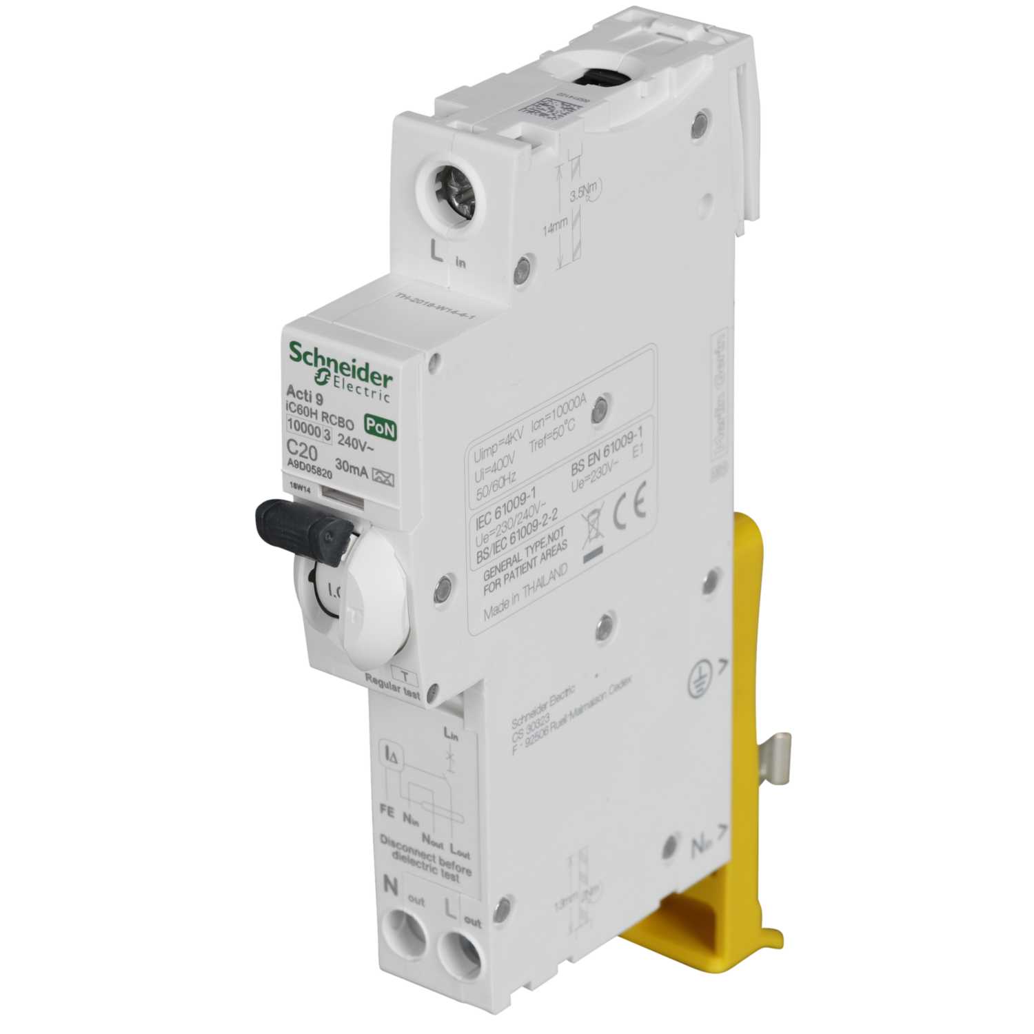 Schneider Acti9 20A Single Pole and Neutral 1 Module C Curve 10kA 30mA Type A RCBO (A9D05820) | CEF
