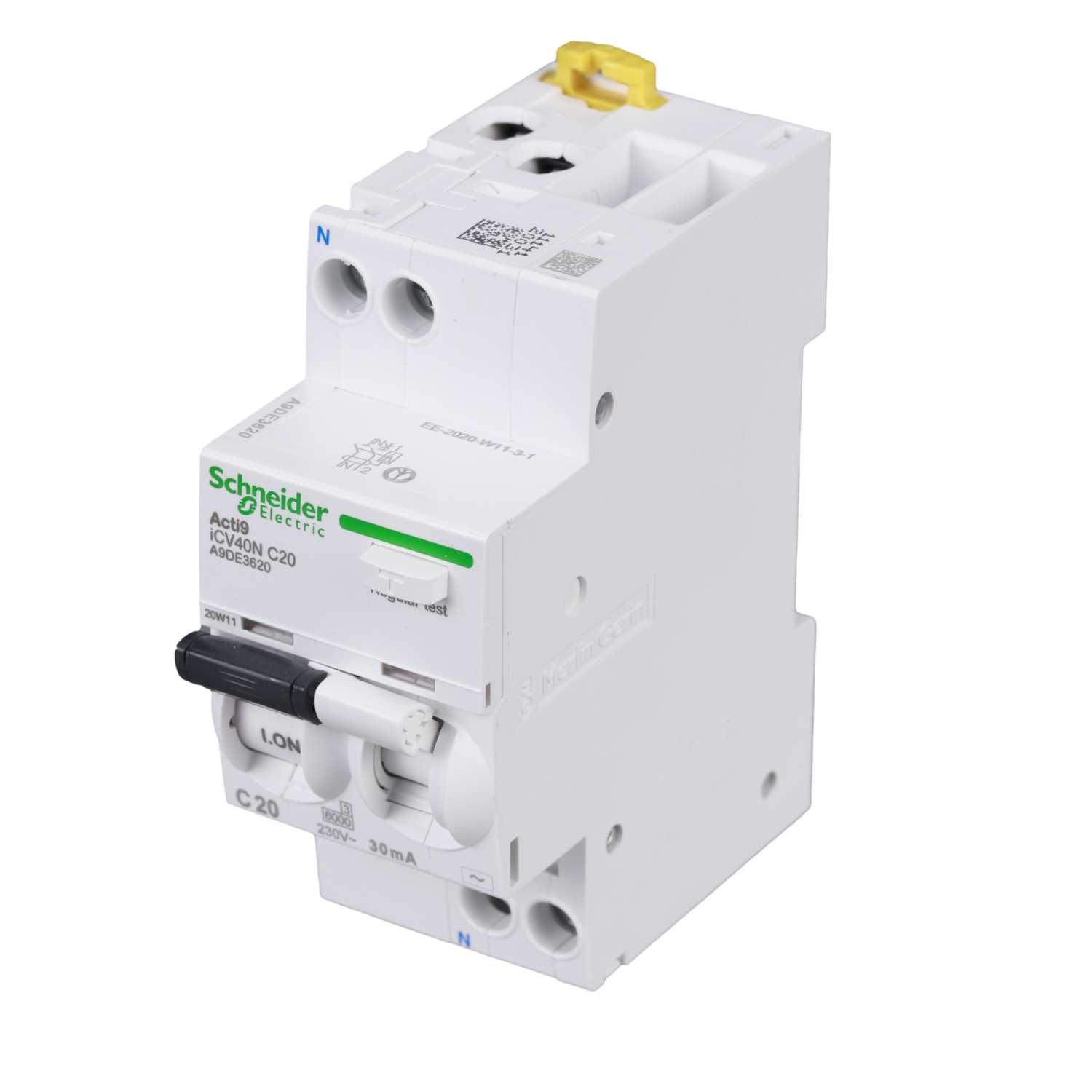 Schneider Acti9 20A Single Pole and Neutral 2 Module C Curve 6kA 30mA Type AC RCBO (A9DE3620) | CEF
