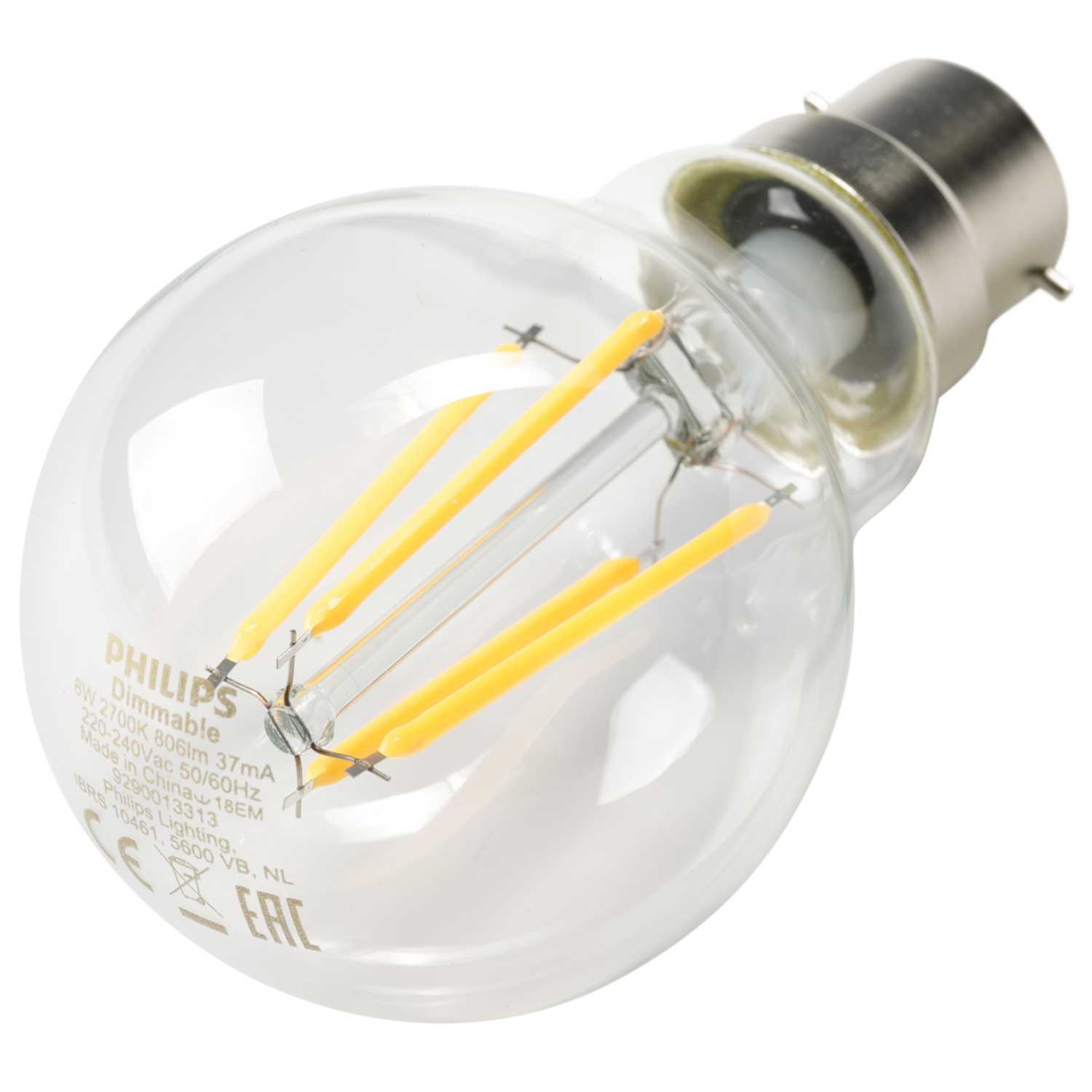Philips Signify Classic 8W BC LED Dimmable Filament GLS Lamp Clear ...