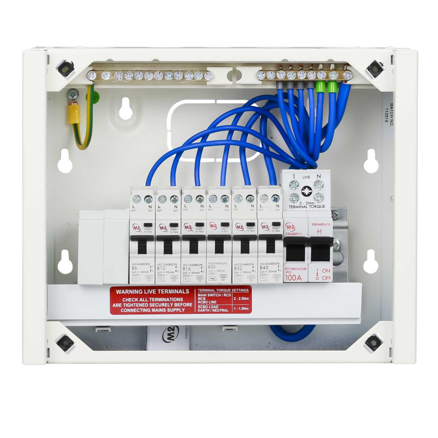 M2 8 Way 100A Isolator Incomer Metal Clad Consumer Unit with 6 x RCBOs ...