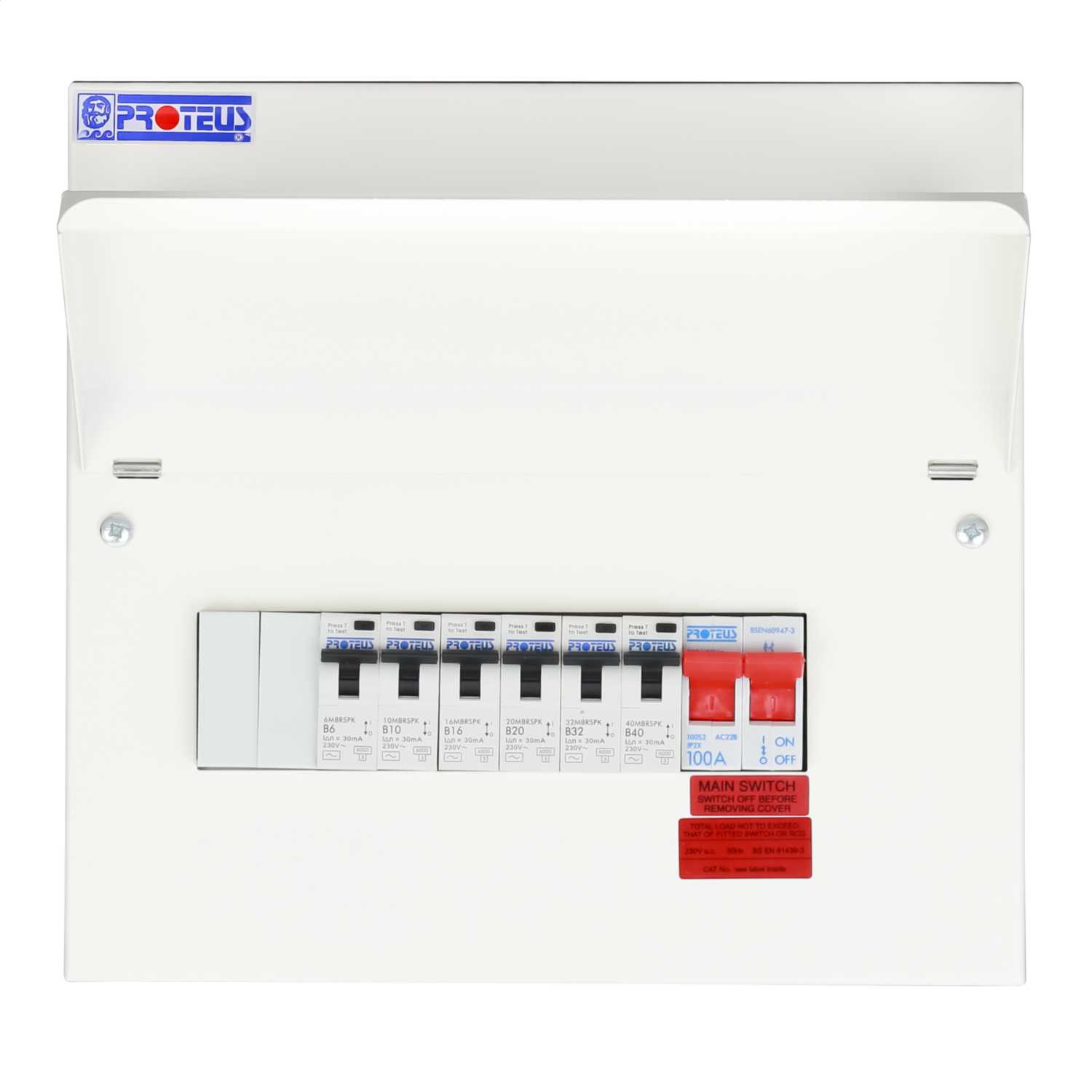 Proteus 8 Way 100A Isolator Incomer Metal Clad Consumer Unit with 6 x ...