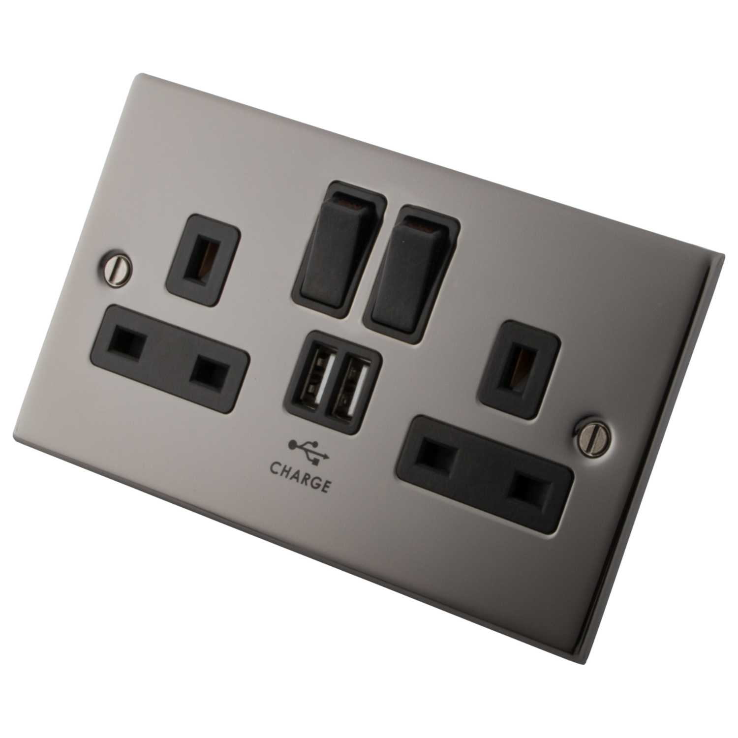 M2 13A 2 Gang Switched Socket with Twin USB Outlets Black Insert Black ...