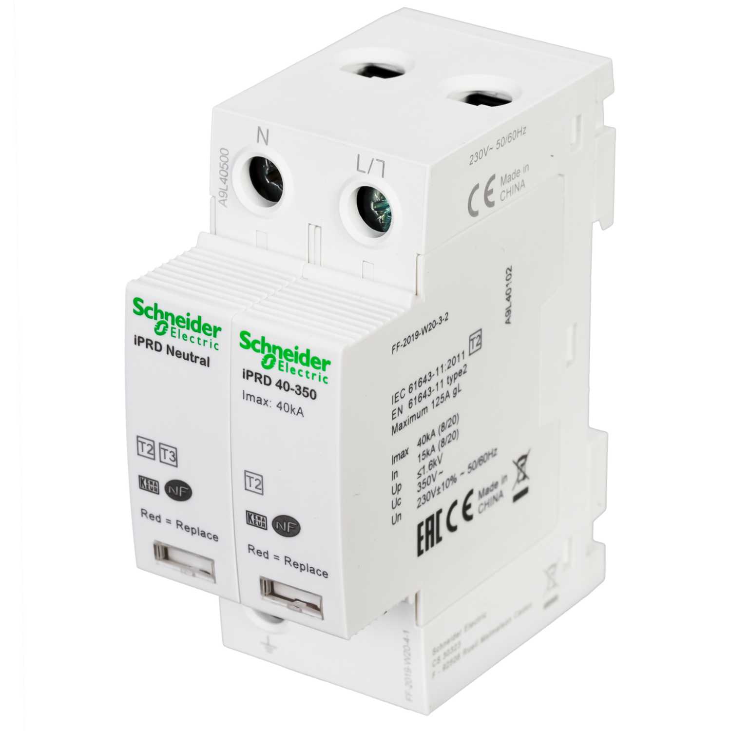 Schneider Acti9 40kA 2 Module Single Pole and Neutral Type 2 Surge ...