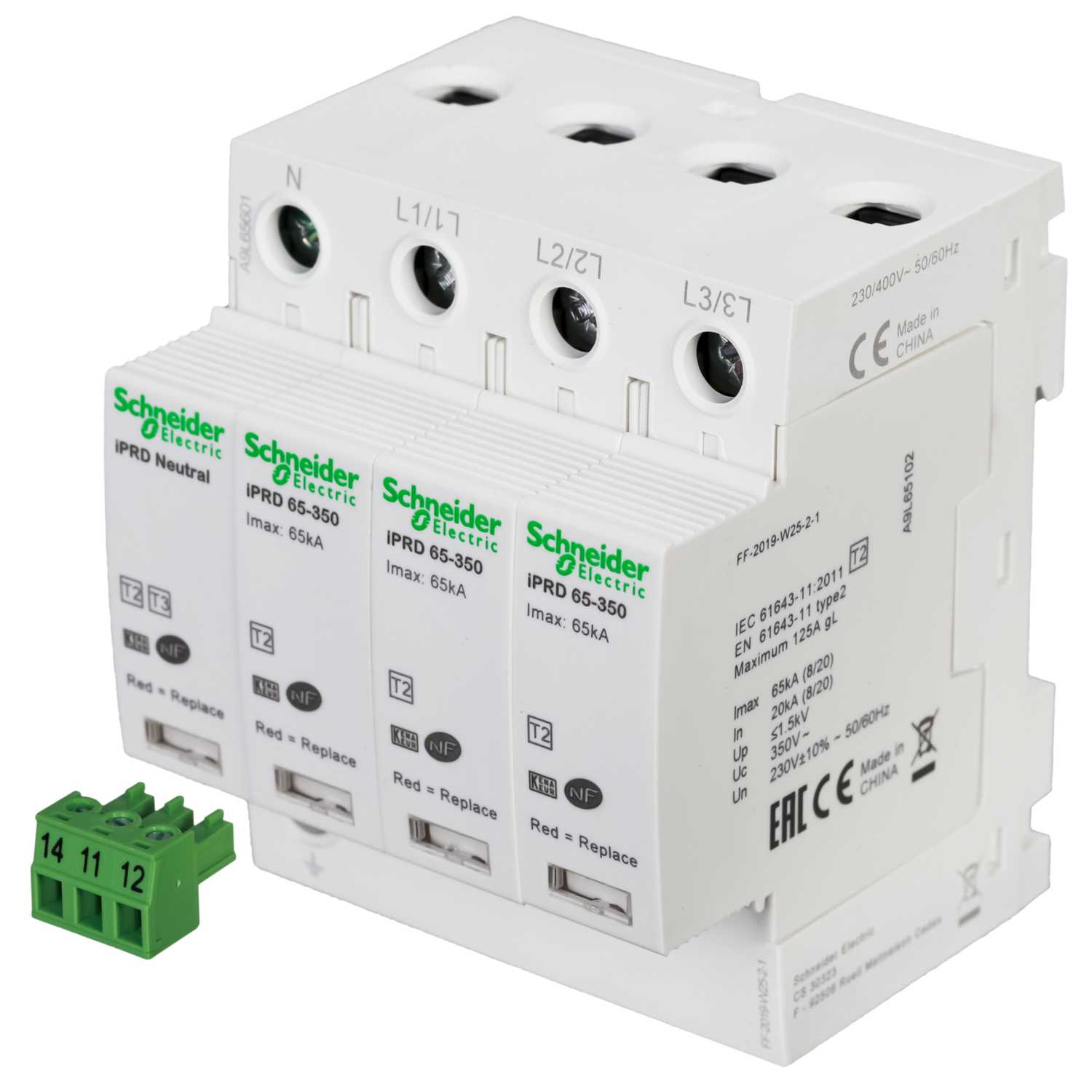 Schneider Acti9 65kA 4 Module 3 Pole and Neutral Type 2 Surge Protector ...