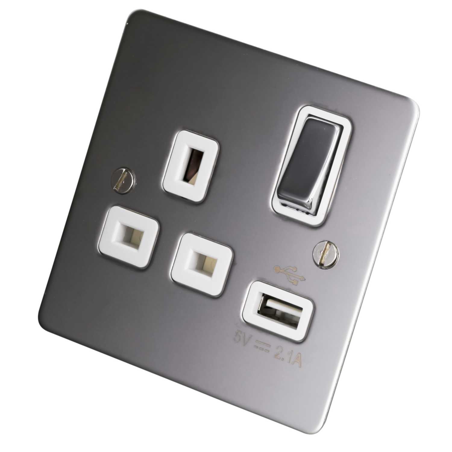 Scolmore Click Define 13A 1 Gang Switched Socket with USB Outlet White Insert Polished Chrome ...
