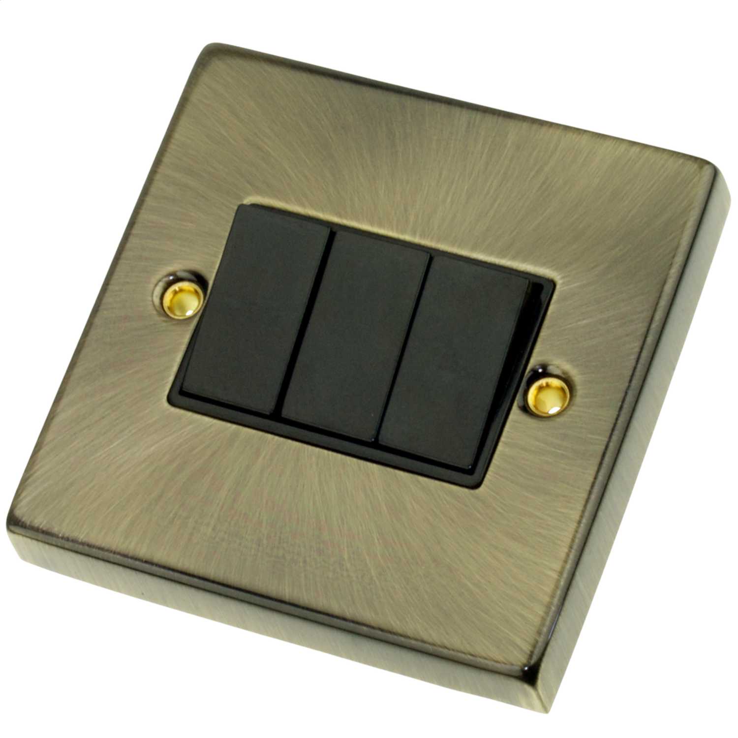 Scolmore Click Deco 10A 3 Gang 2 Way Switch Black Insert Antique Brass ...