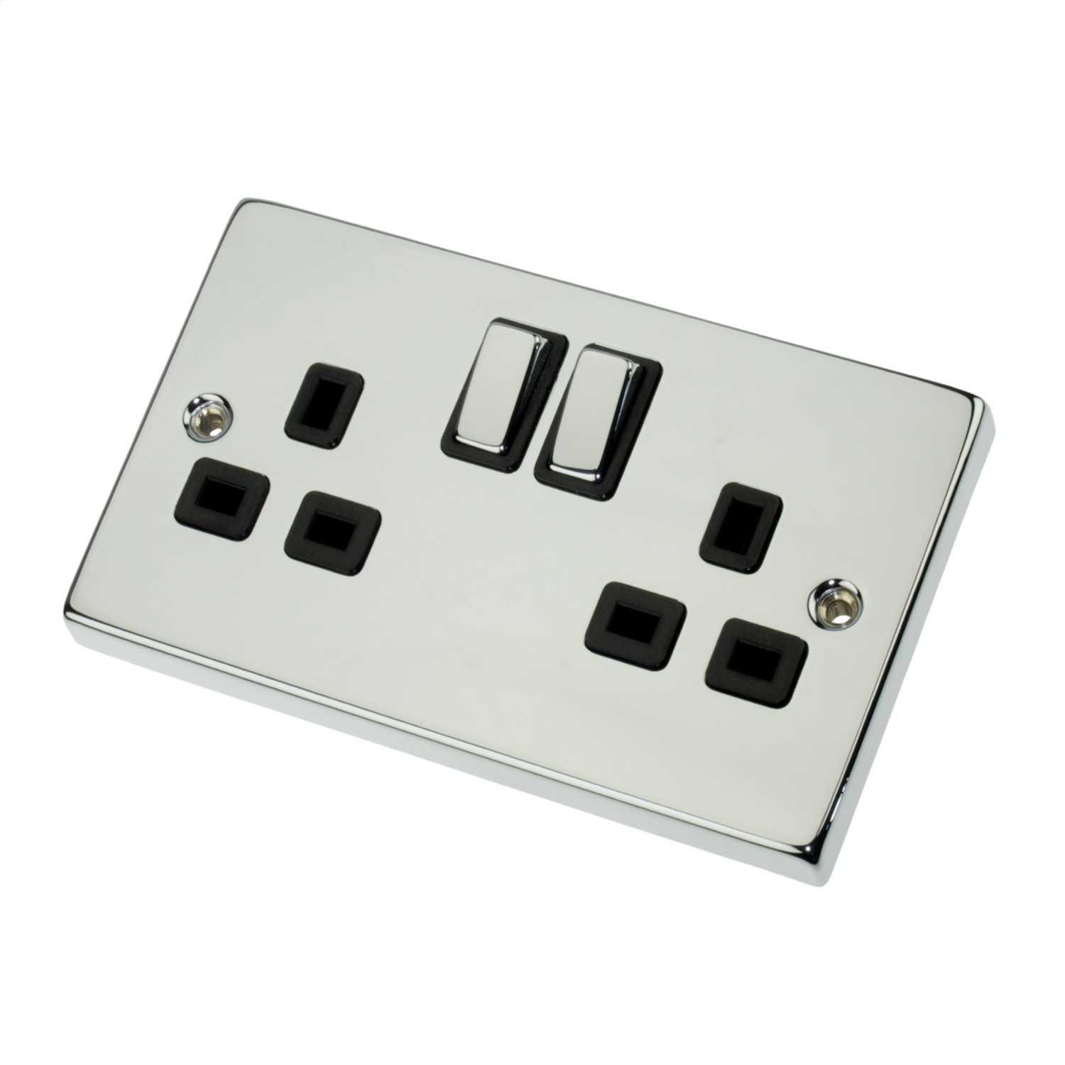 Scolmore Click Deco 13A DP 2 Gang Switched Socket Metal / Black Insert Polished Chrome ...