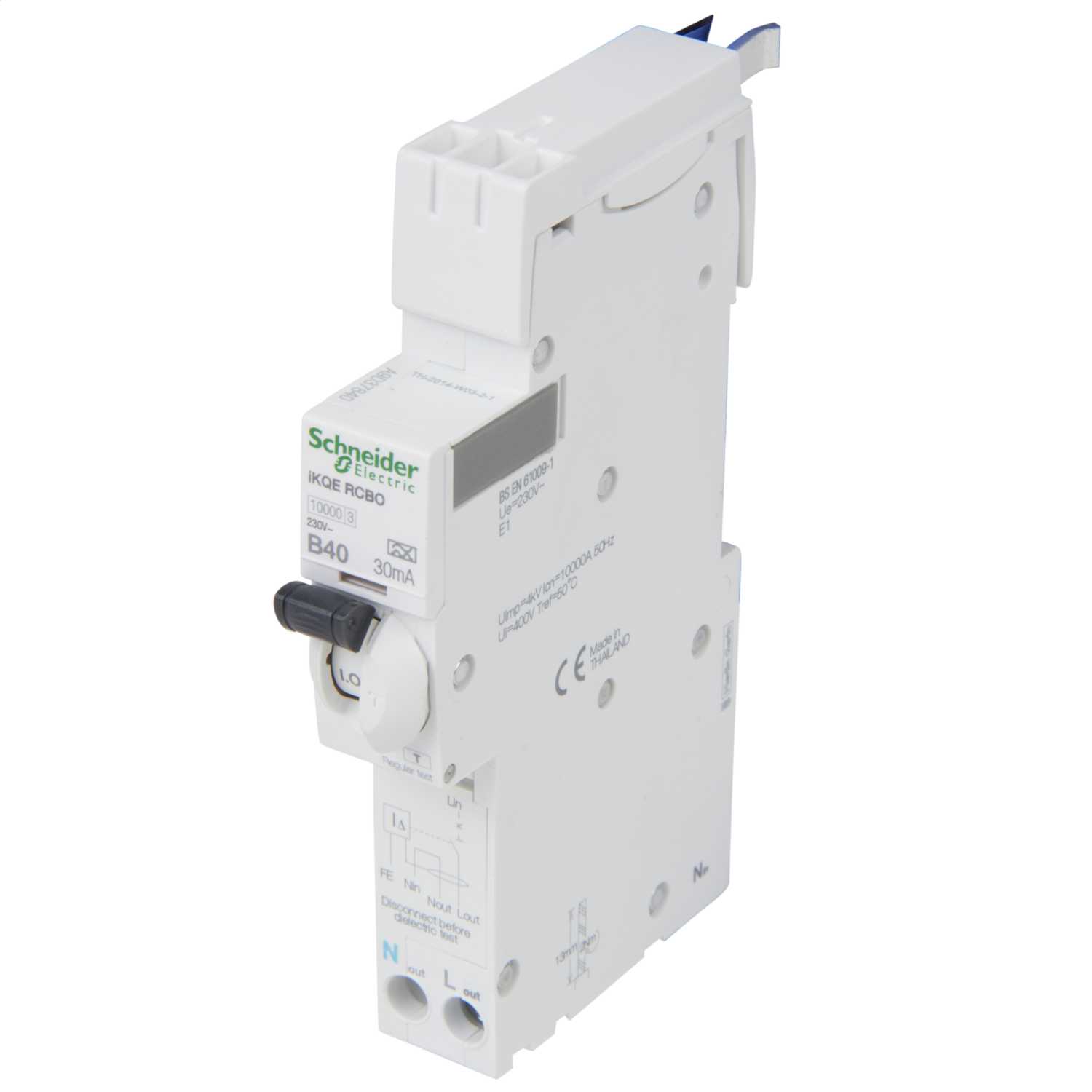 Schneider Square D IKQ 40A Single Pole and Neutral 1 Module B Curve 10kA 30mA Type A RCBO ...