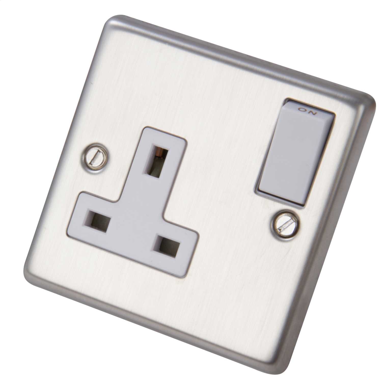 Volex 13A DP 1 Gang Switched Socket White Insert Brushed Stainless ...