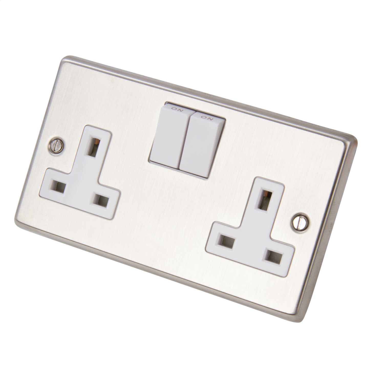 Volex 13A 2 Gang Switched Socket White Insert Brushed Stainless Steel ...